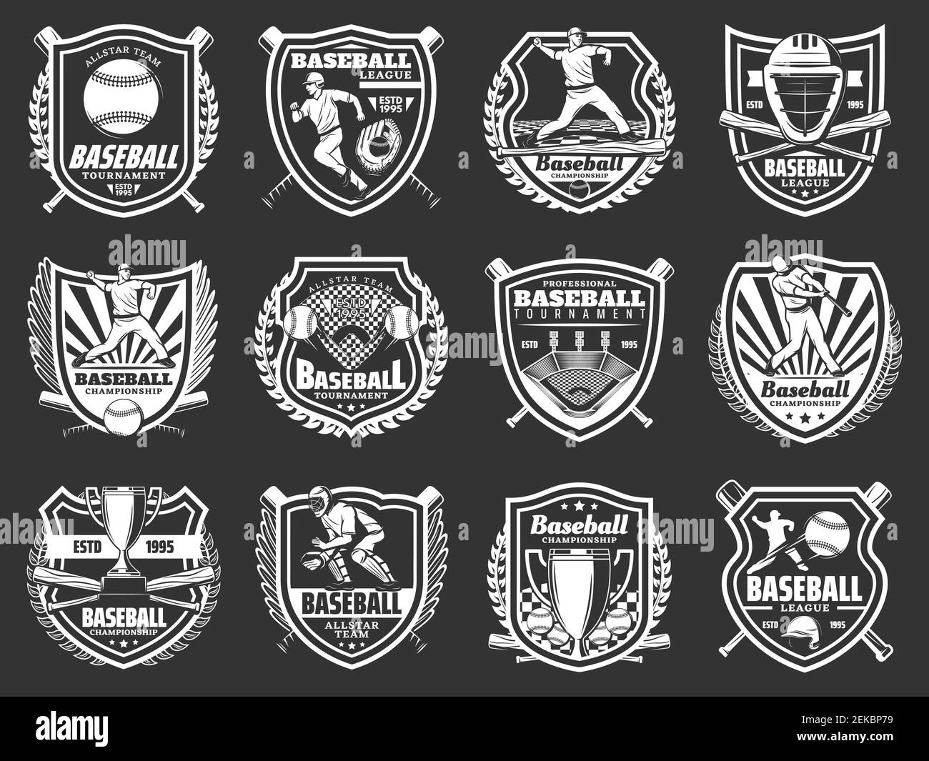 Baseball sport game shield badges vector design. Balls, bats and ...