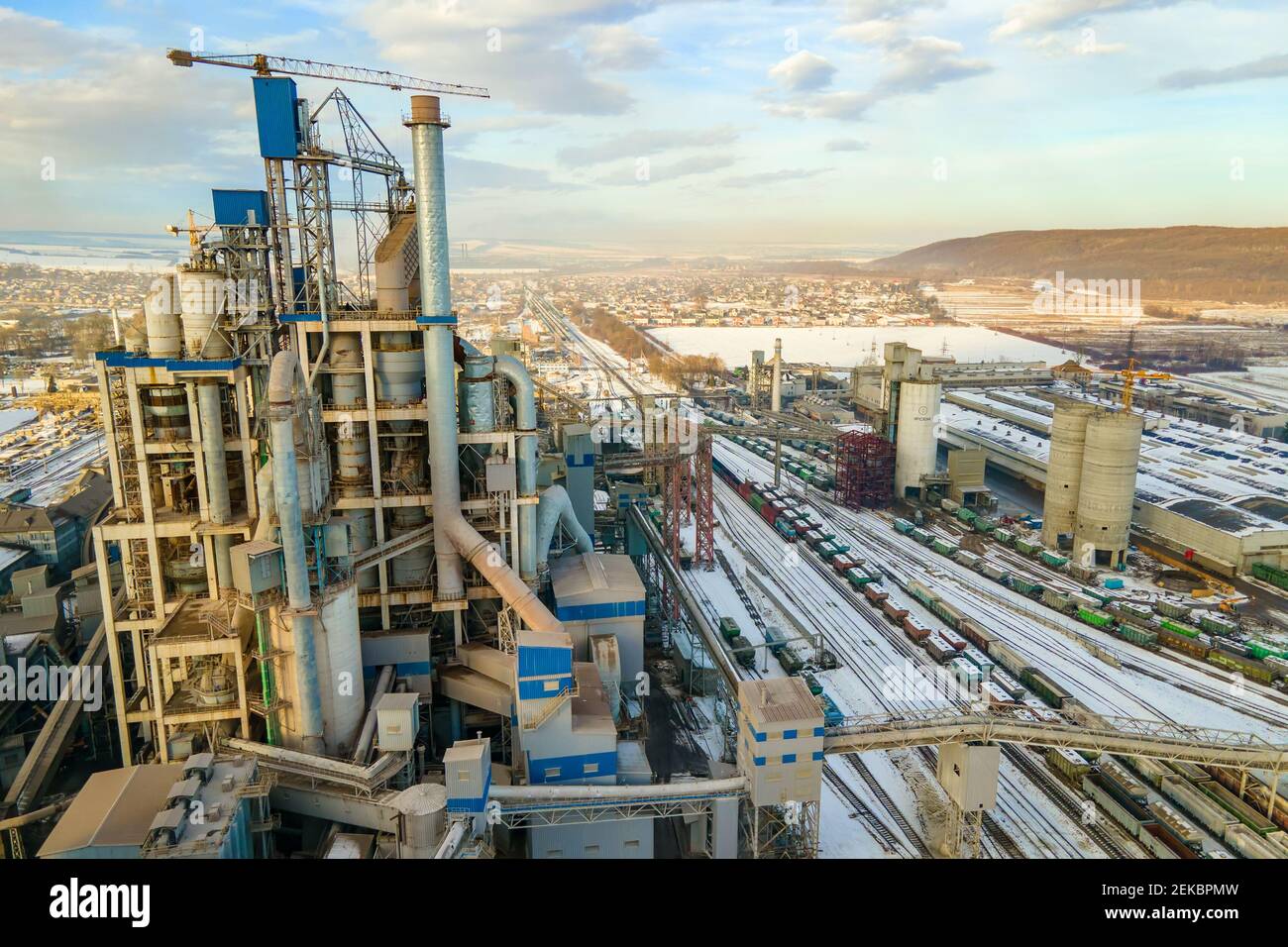 Aerial view of cement plant with high factory structure at industrial ...
