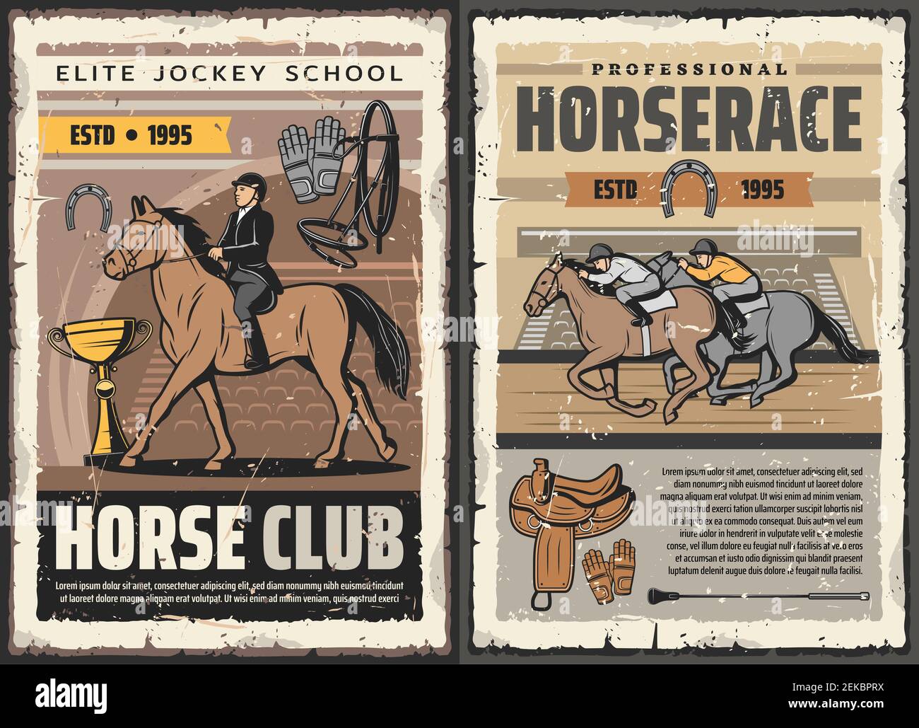 Horserace sport and equestrian races club vintage posters. Vector elite ...