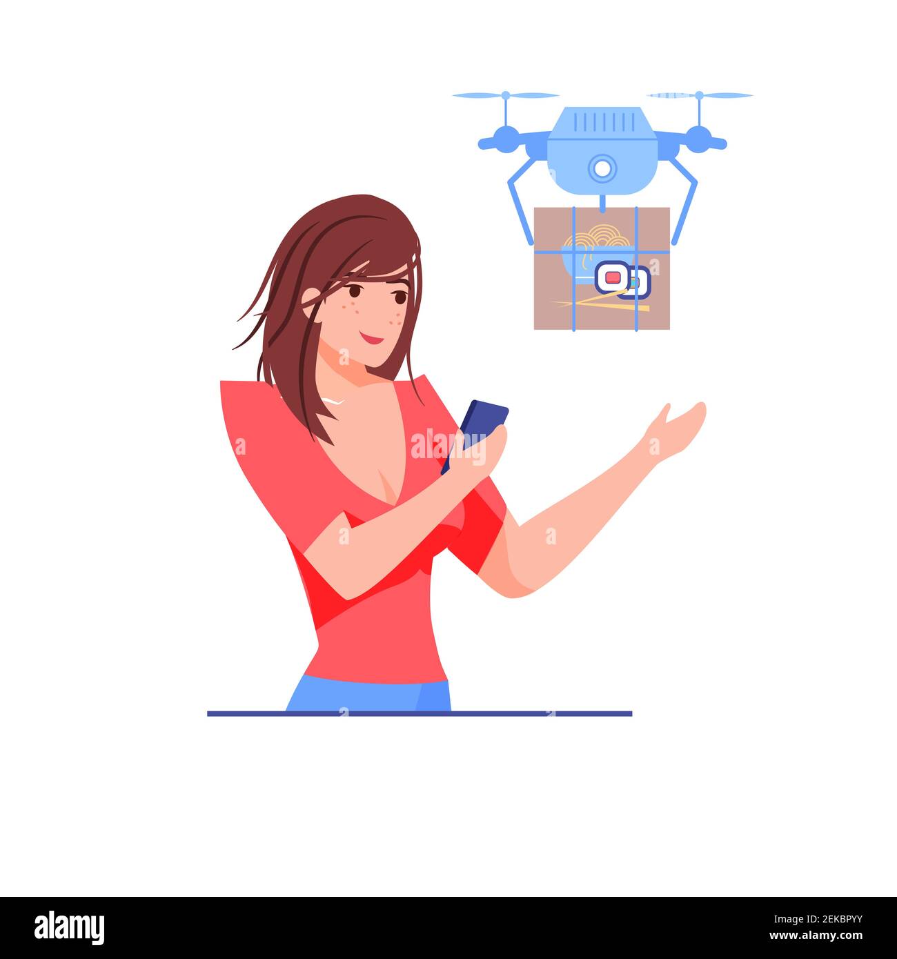 Flat cartoon character receiving online buys,drone delivery service ...