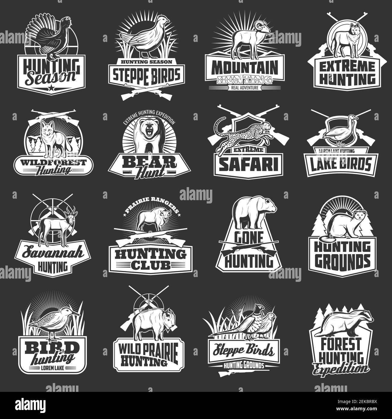 Hunting sport, safari and hunter club vector badges with wild animals ...