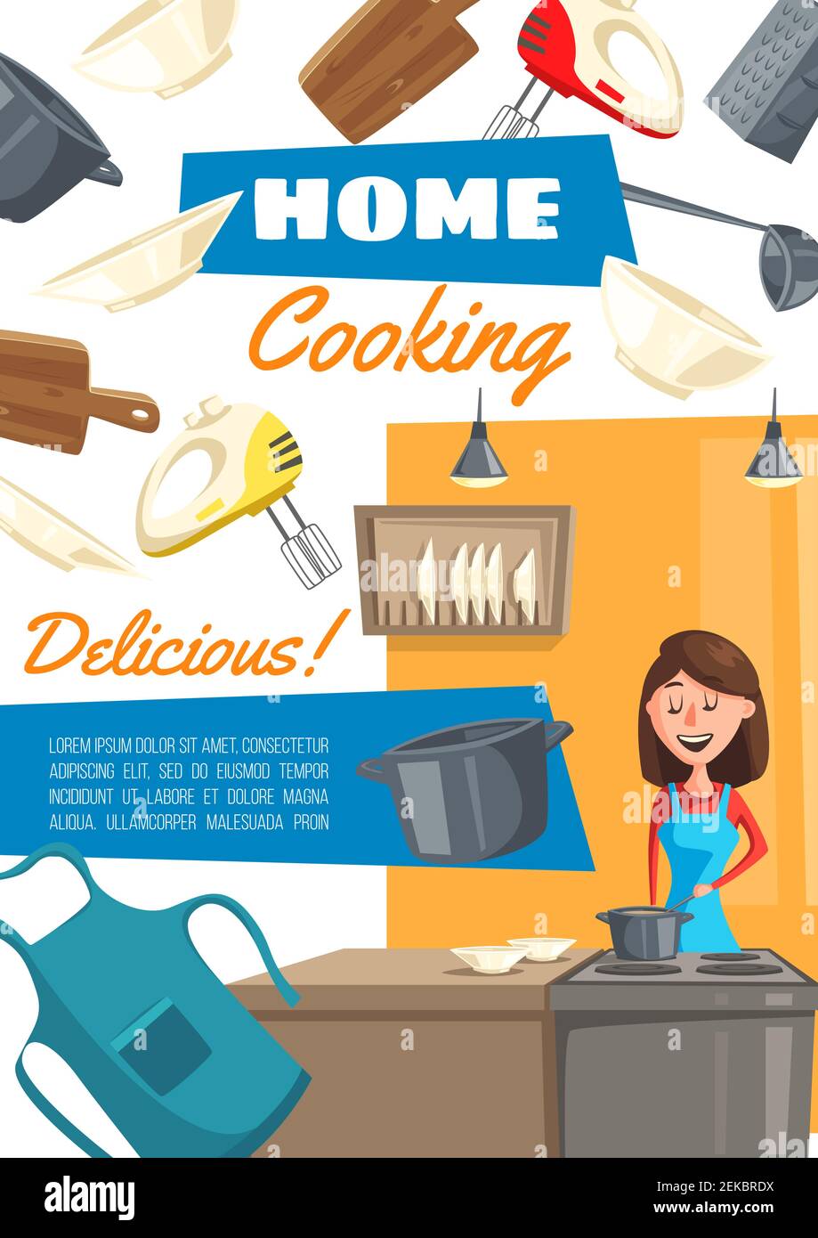 Home and housewife serivce, food preparation poster. Vector woman in ...