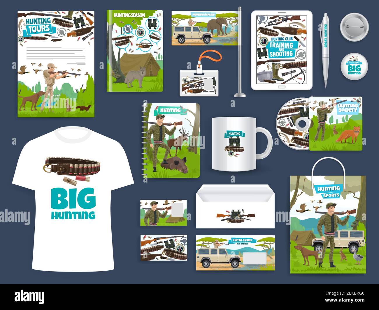 Hunting sport club corporate identity template with vector hunters ...