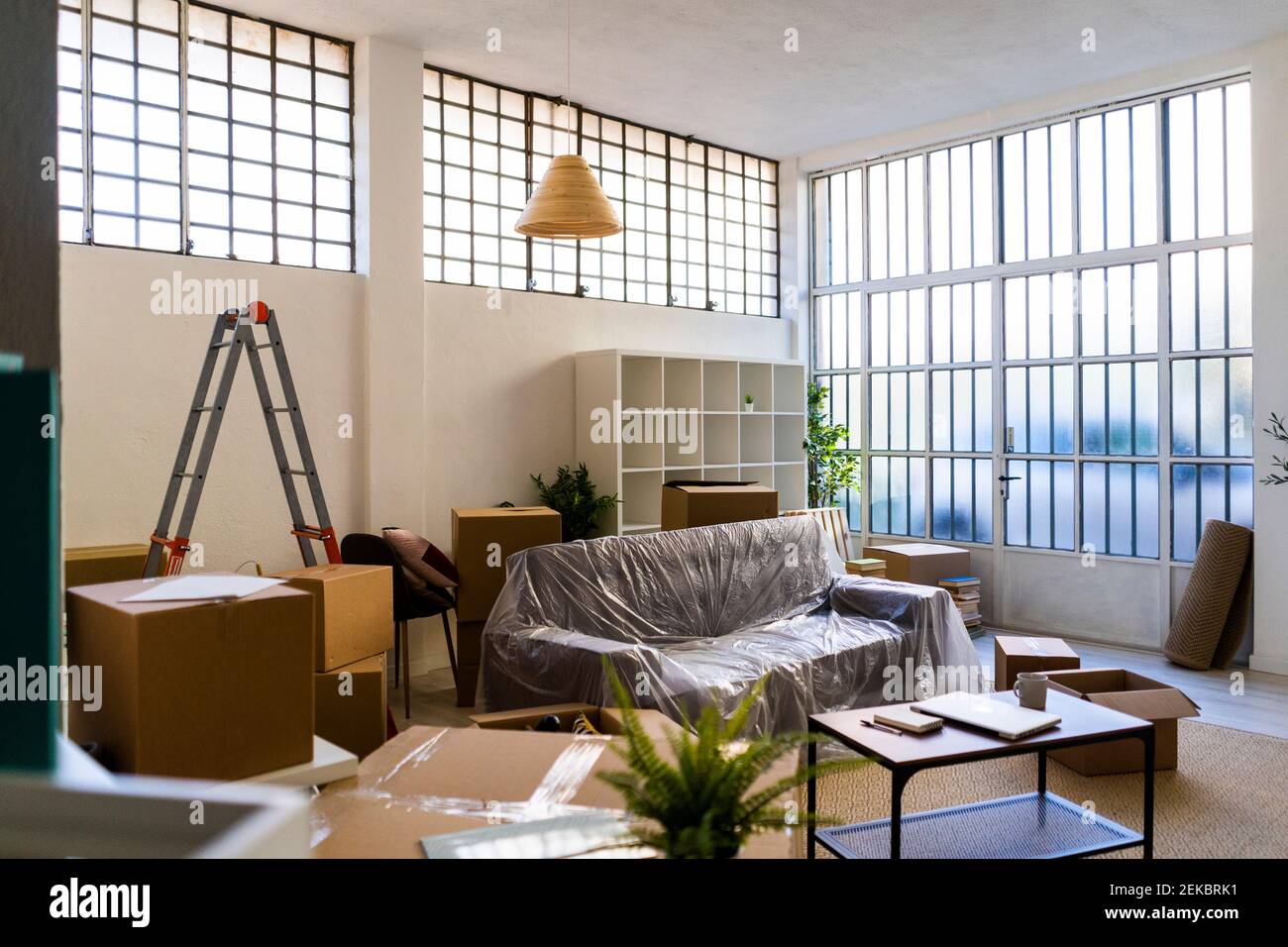 Interior of new apartment with boxes and furniture Stock Photo - Alamy