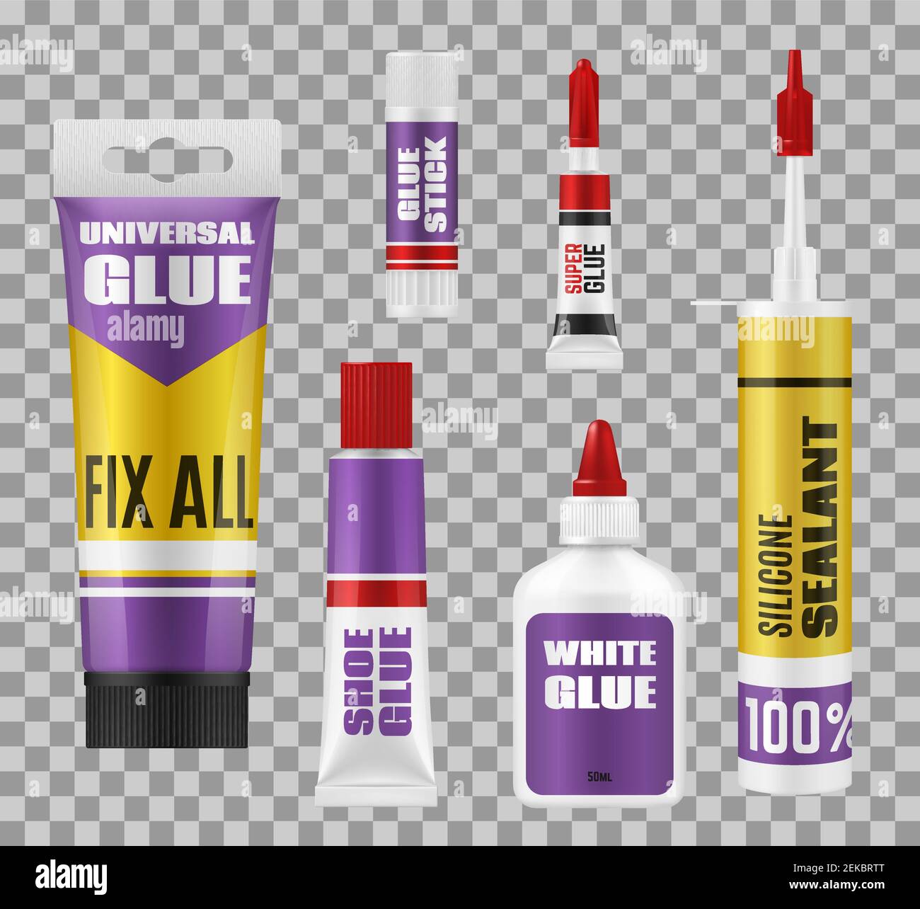 Glue package 3d mockups of adhesive stick, tubes and bottles. Vector ...