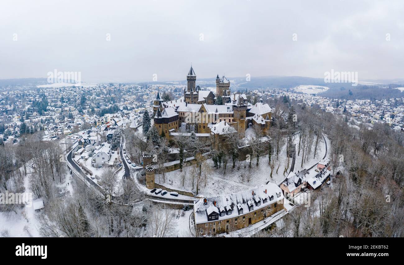 Helicopter panorama braunfels castle surrounding town winter hi-res ...