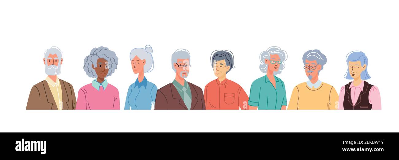 Flat cartoon elderly characters set vector illustration concept Stock ...
