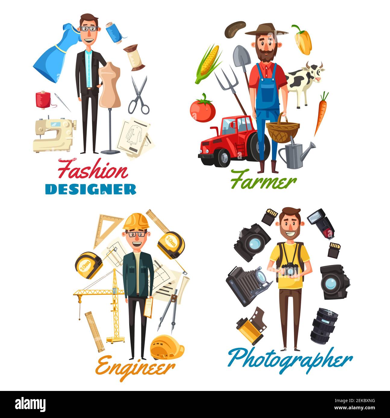 Construction engineer, farmer, photographer and fashion designer vector ...