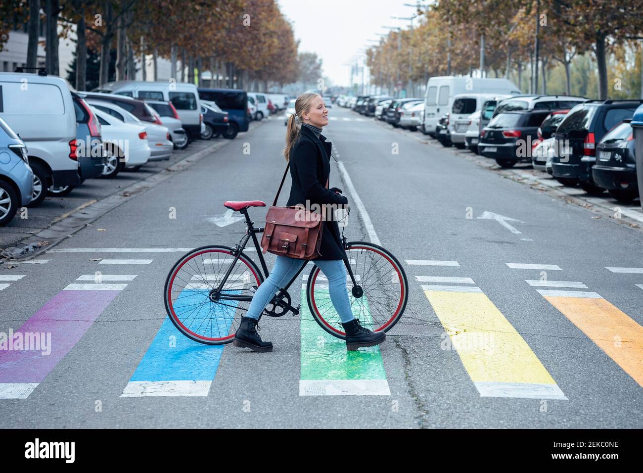 Woman with bicycle walking on zebra crossing while looking away Stock ...
