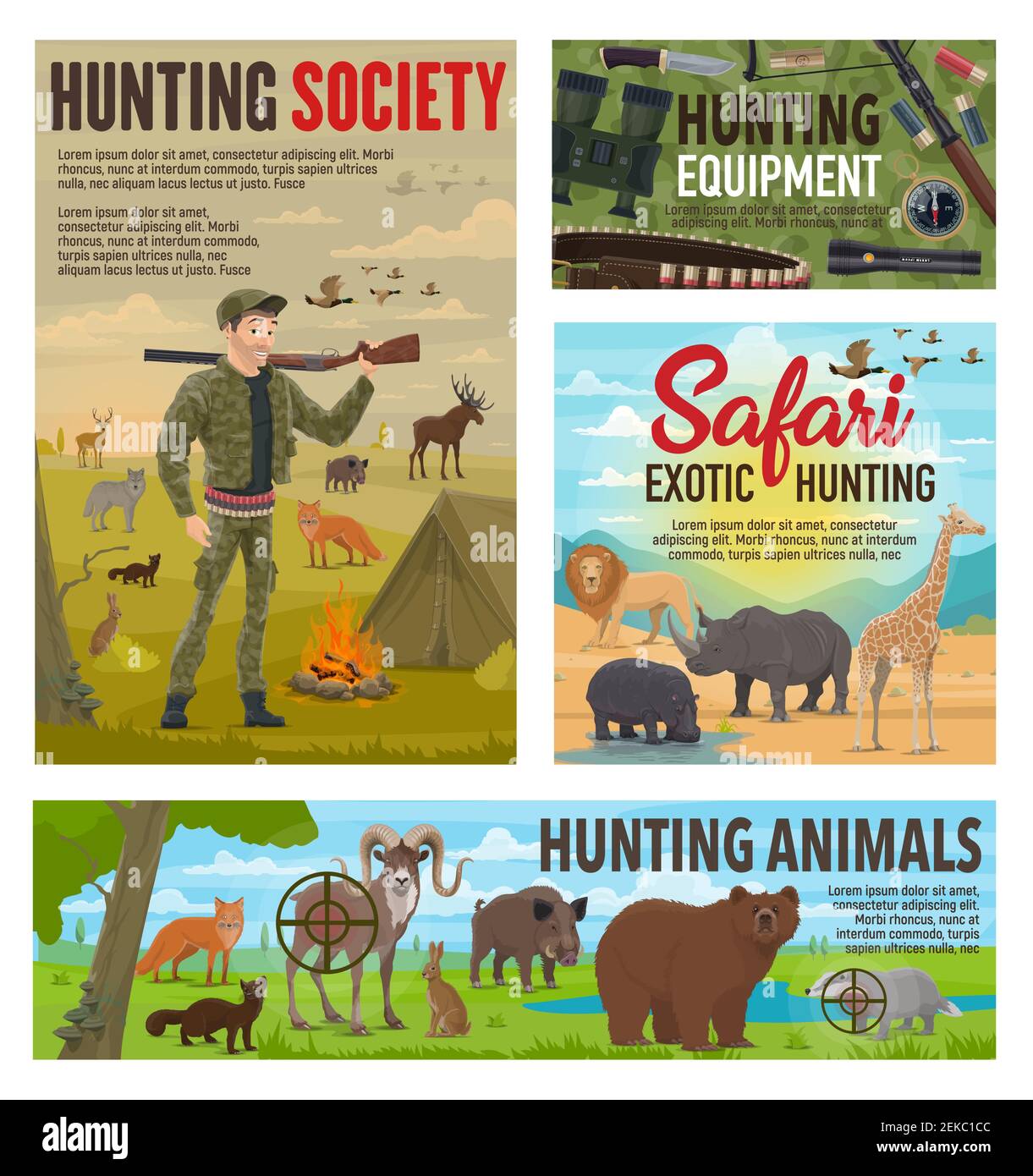 Wild animals hunting and African safari hunt, hunter ammo equipment ...