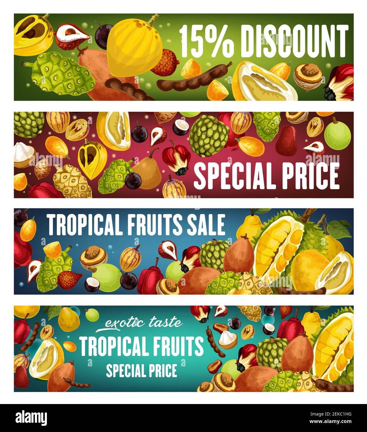Exotic fruits and berries discount offer vector banners. Tropical ...