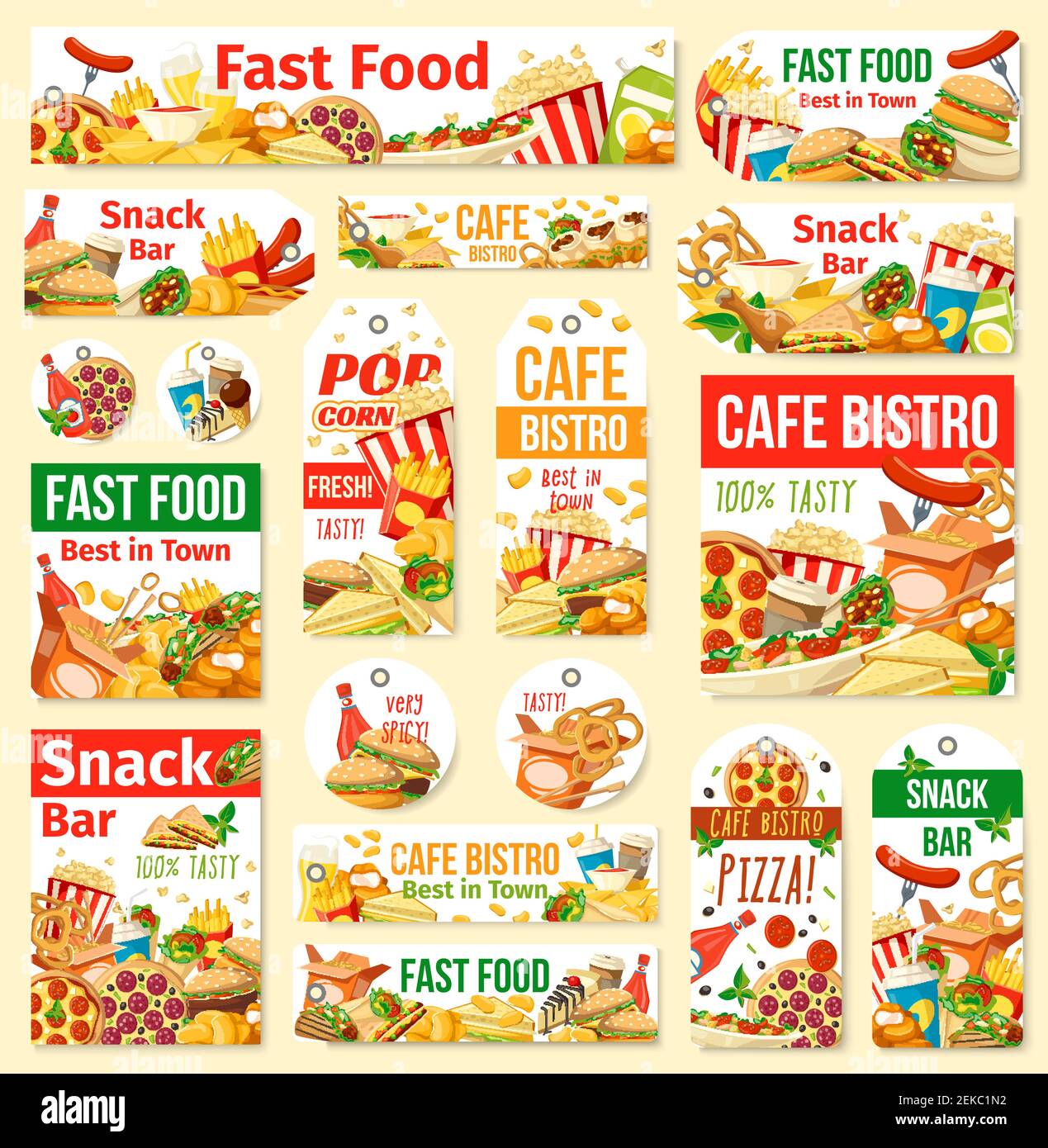 Fast food vector tags with junk meal and drink. Pizza, hamburger and ...