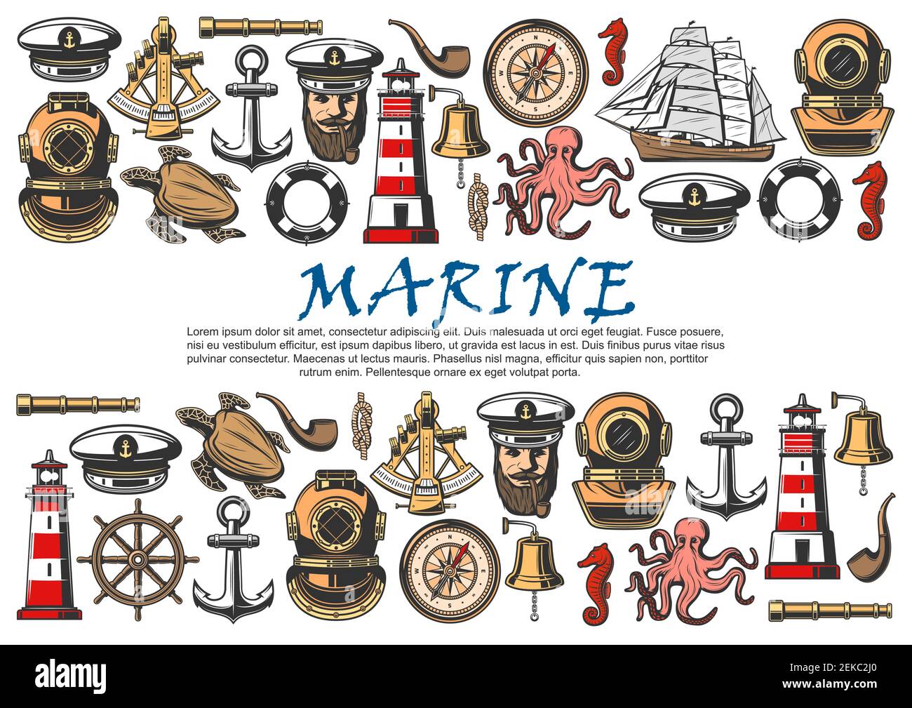 Marine ship, nautical anchor, helm and vintage compass vector banner ...