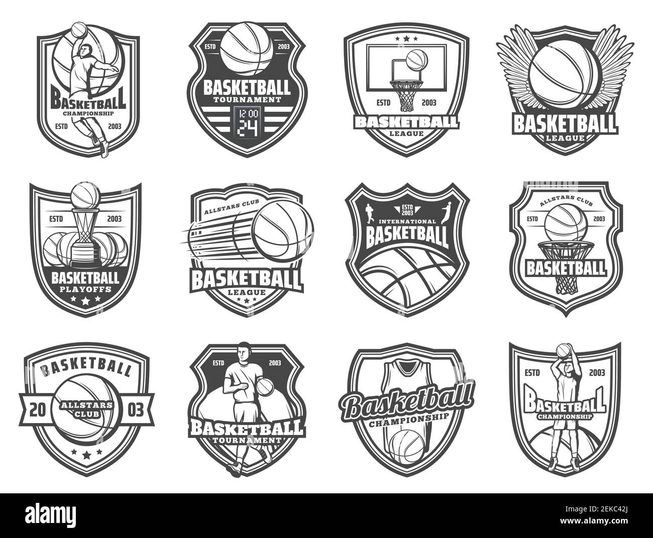 Basketball vector badges with sport game balls, team players and winner ...