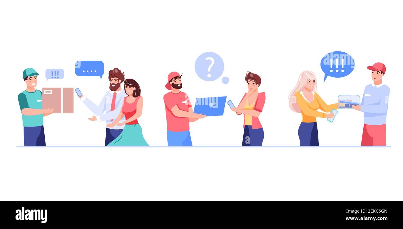 Flat cartoon characters receiving online buys,order delivery service ...