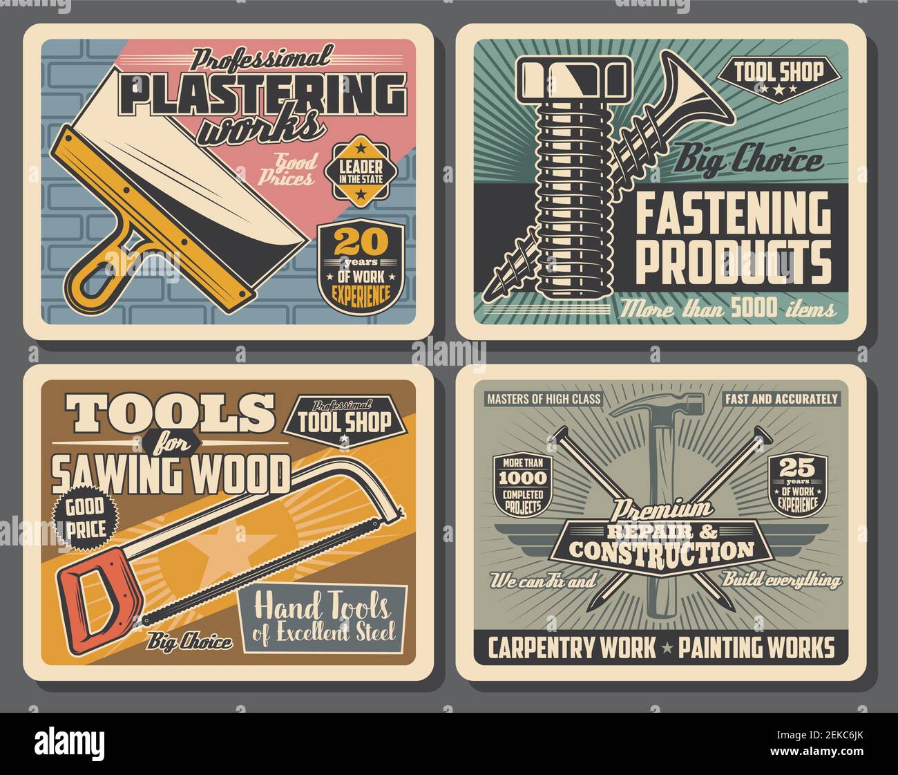 House repair and construction retro posters with vector hand tools of ...