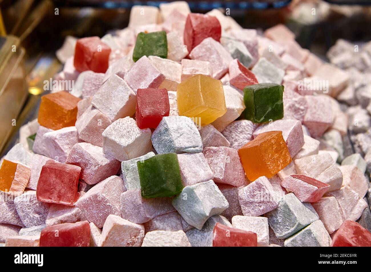 Pile of multi-colored cubes Turkish delights in confectionery showcase ...