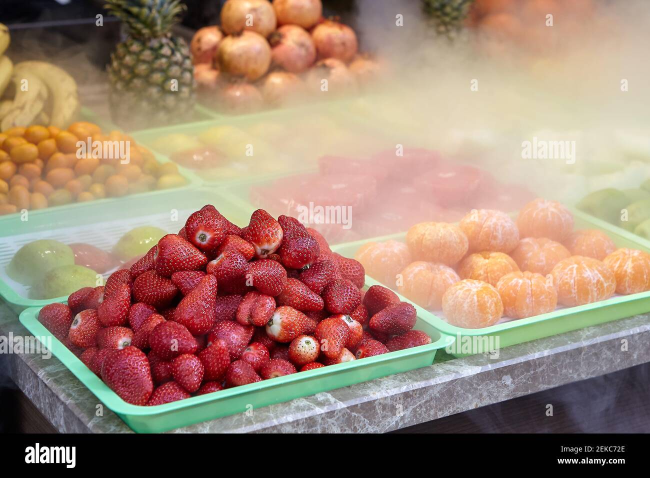 Chilled fruit trays on store counter in Istanbul Stock Photo - Alamy