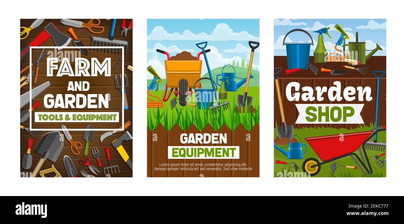 Farming and gardening tools vector posters of garden shop design. Rake ...