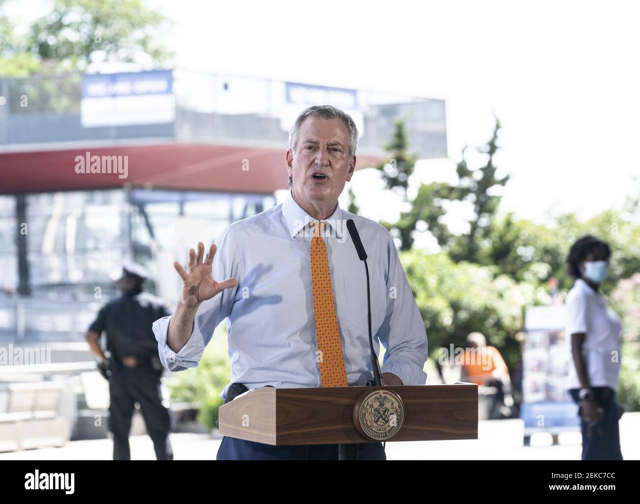Mayor de Blasio speaks at press conference at the South Street Seaport ...