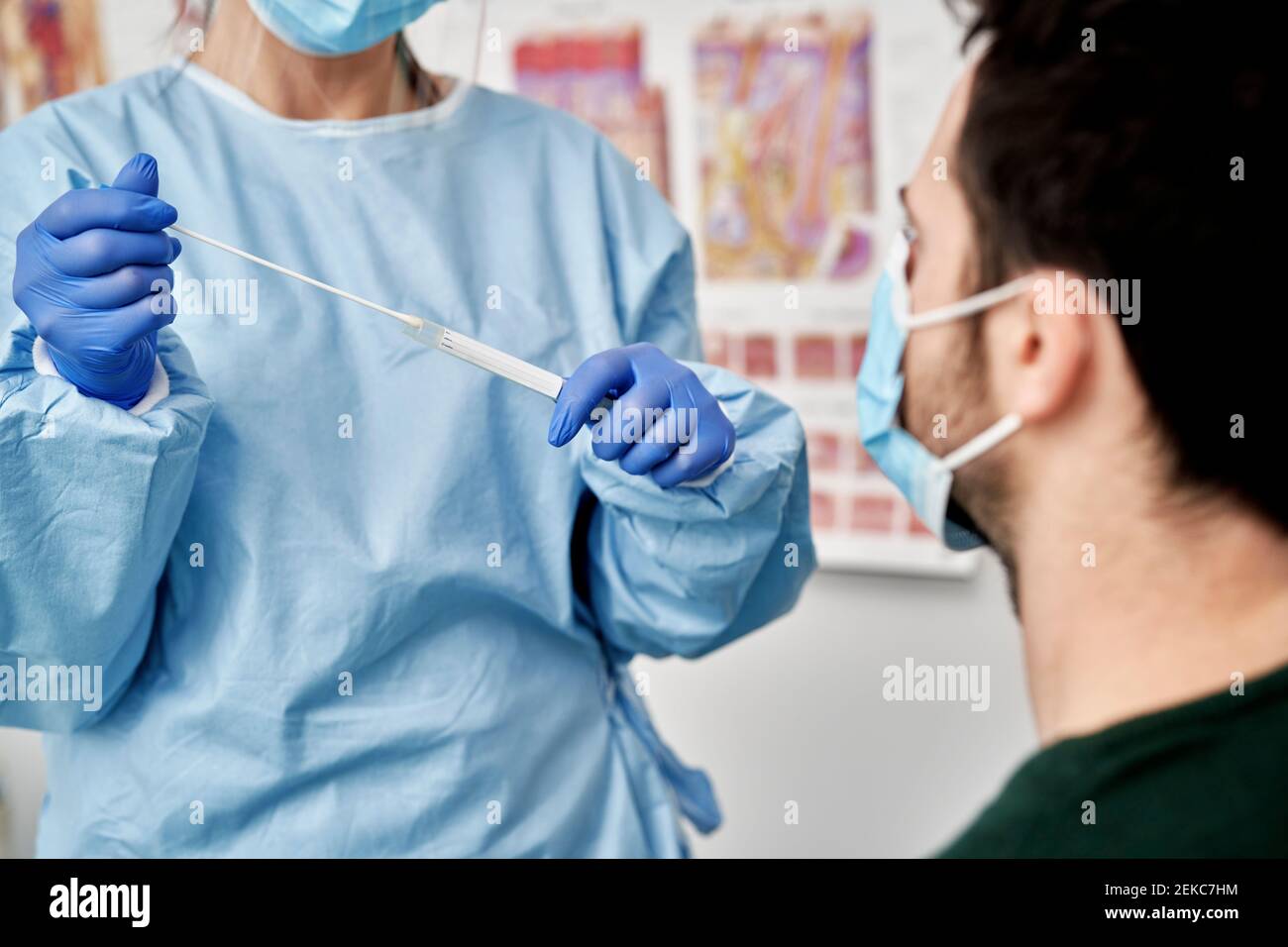 Medical professional with cotton swab for collecting sample of male ...