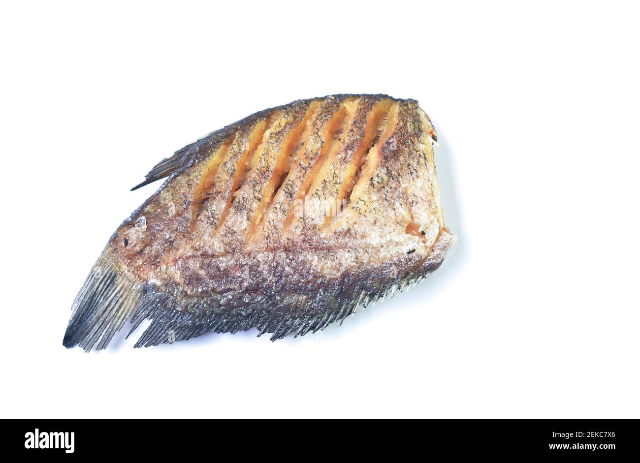deep fried snake skin catfish or gourami on white background Stock ...