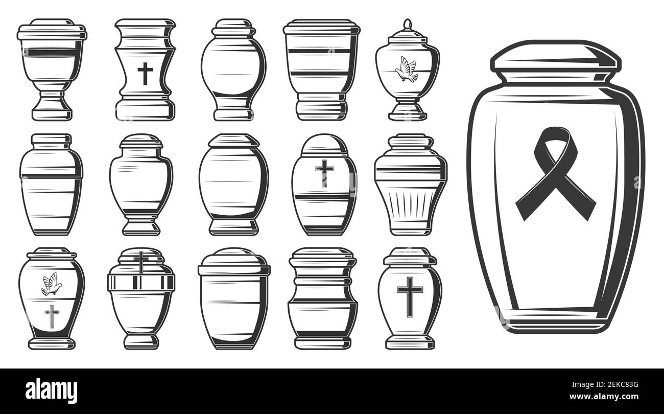 Funeral urn sketches of vector cremation and burial containers ...