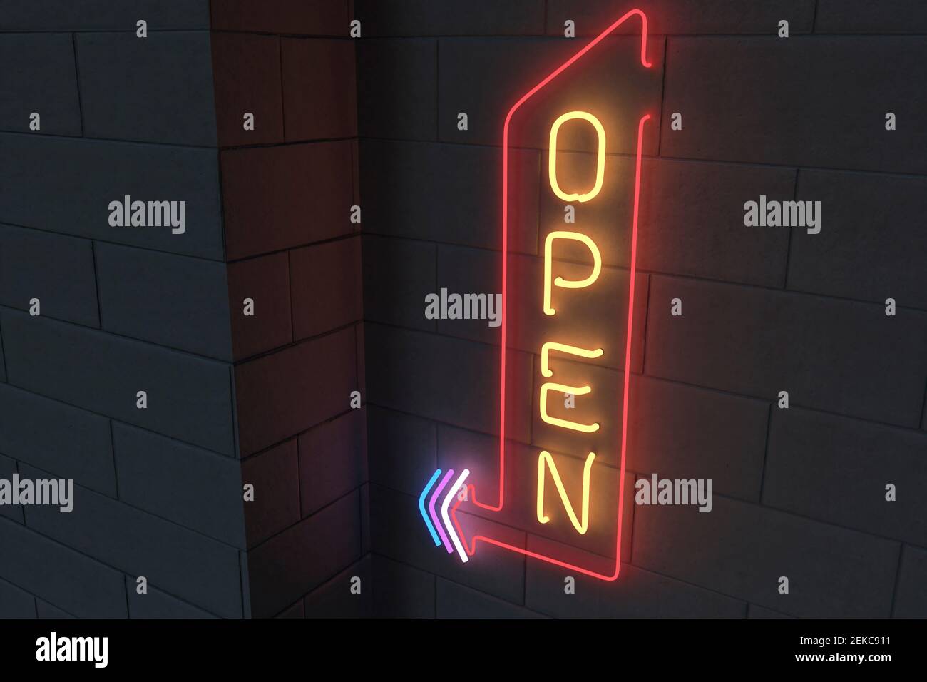 Illuminated open sign on black brick wall Stock Photo - Alamy
