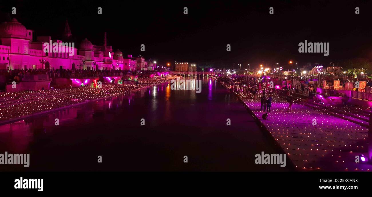 AYODHYA, INDIA - AUGUST 4: Hindu devotees light lamps on 'Deepotsav' at ...