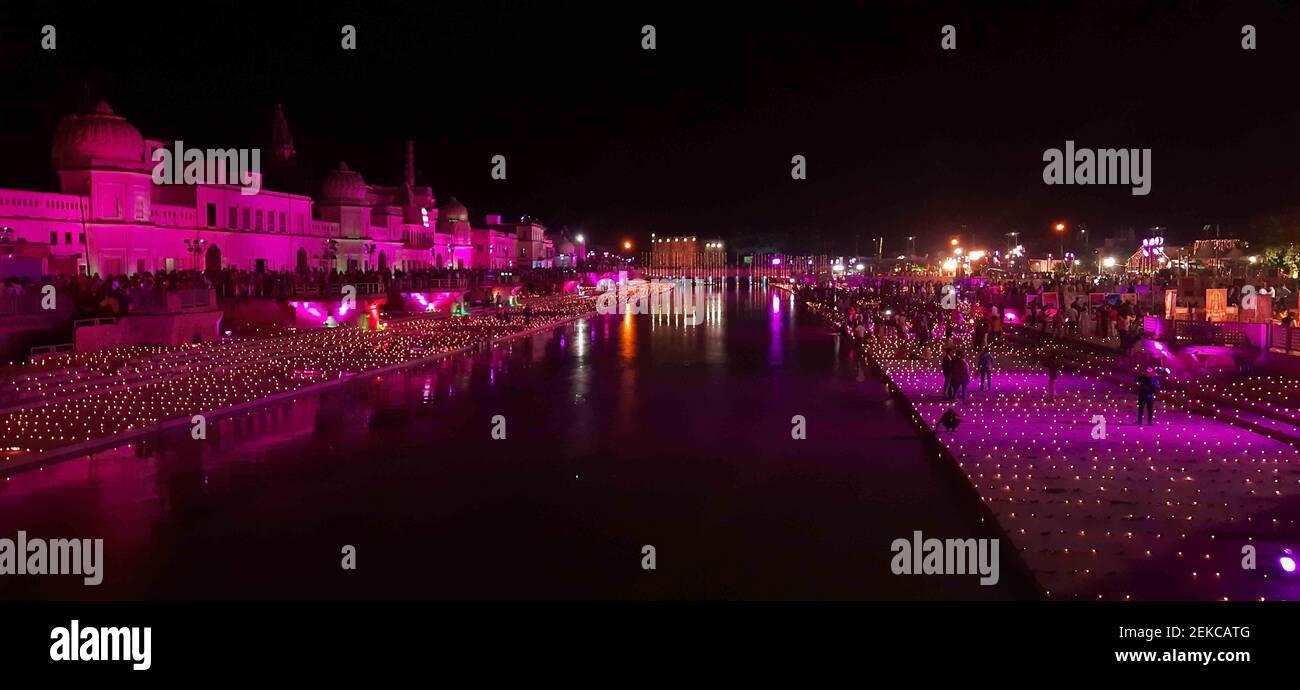 AYODHYA, INDIA - AUGUST 4: Hindu devotees light lamps on 'Deepotsav' at ...