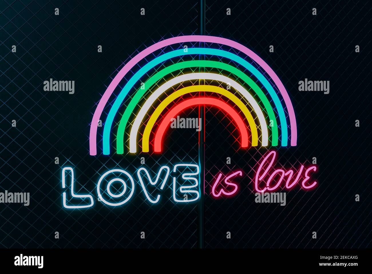 Illuminated rainbow with text on chainlink fence Stock Photo - Alamy