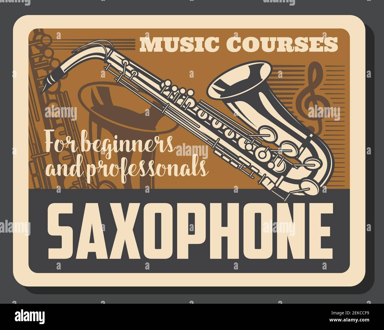 Saxophone courses, learn to play musical wind instruments vector poster ...