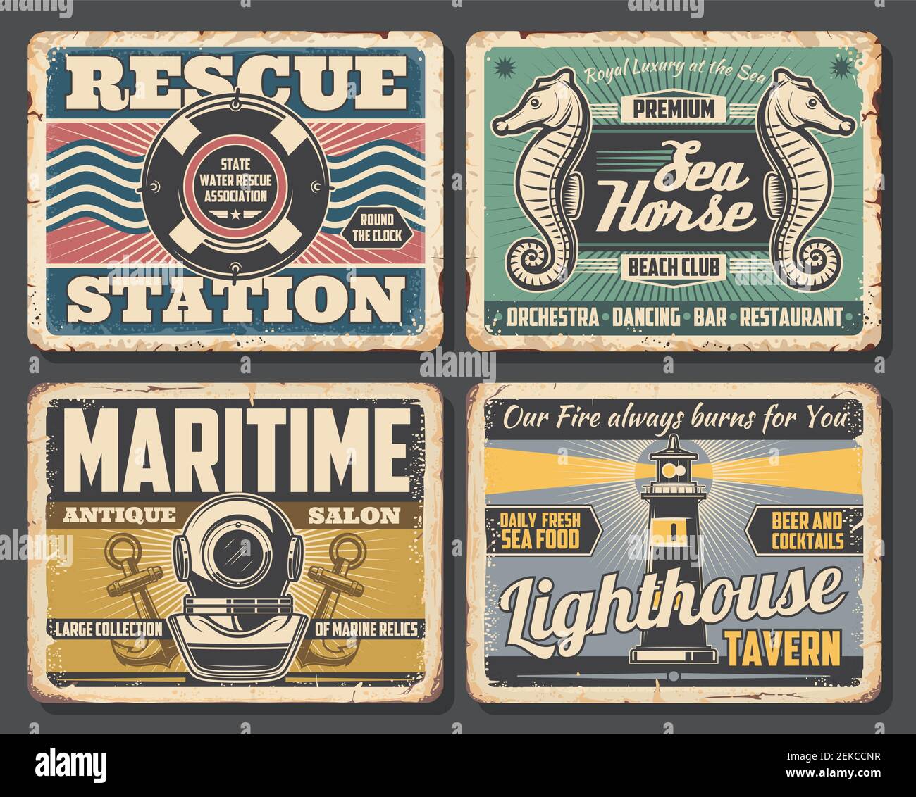 Nautical vector design of rusty signboards with sea ship or boat ...