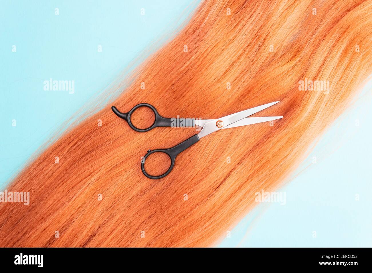 Red artificial hair on a blue background and scissors. The concept of ...