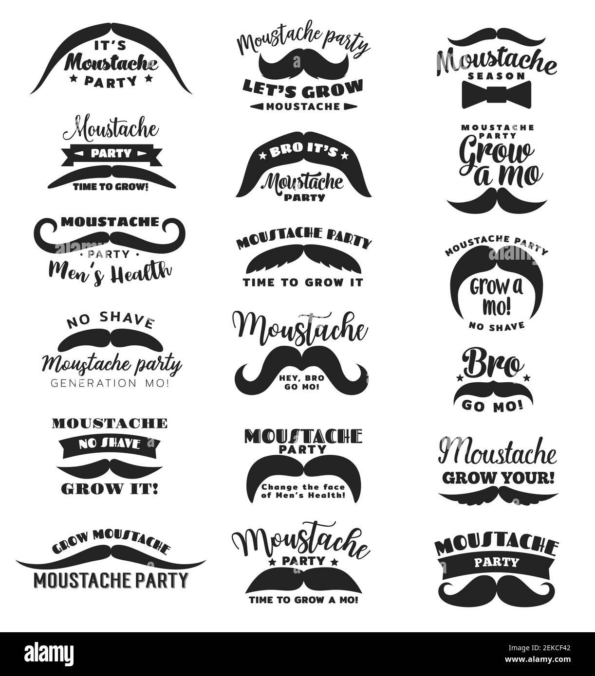 Mustache party or Movember mens health vector icons. Gro mo bro, no ...
