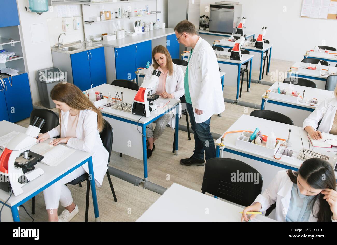 View from above of students and teacher working in science class Stock ...