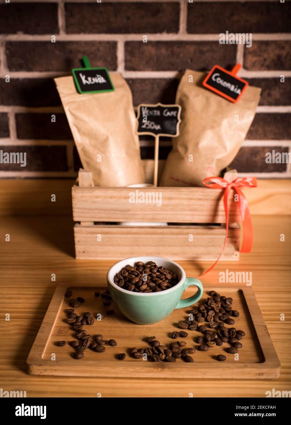 Arrangement of coffee beans inside cup at cafe Stock Photo - Alamy