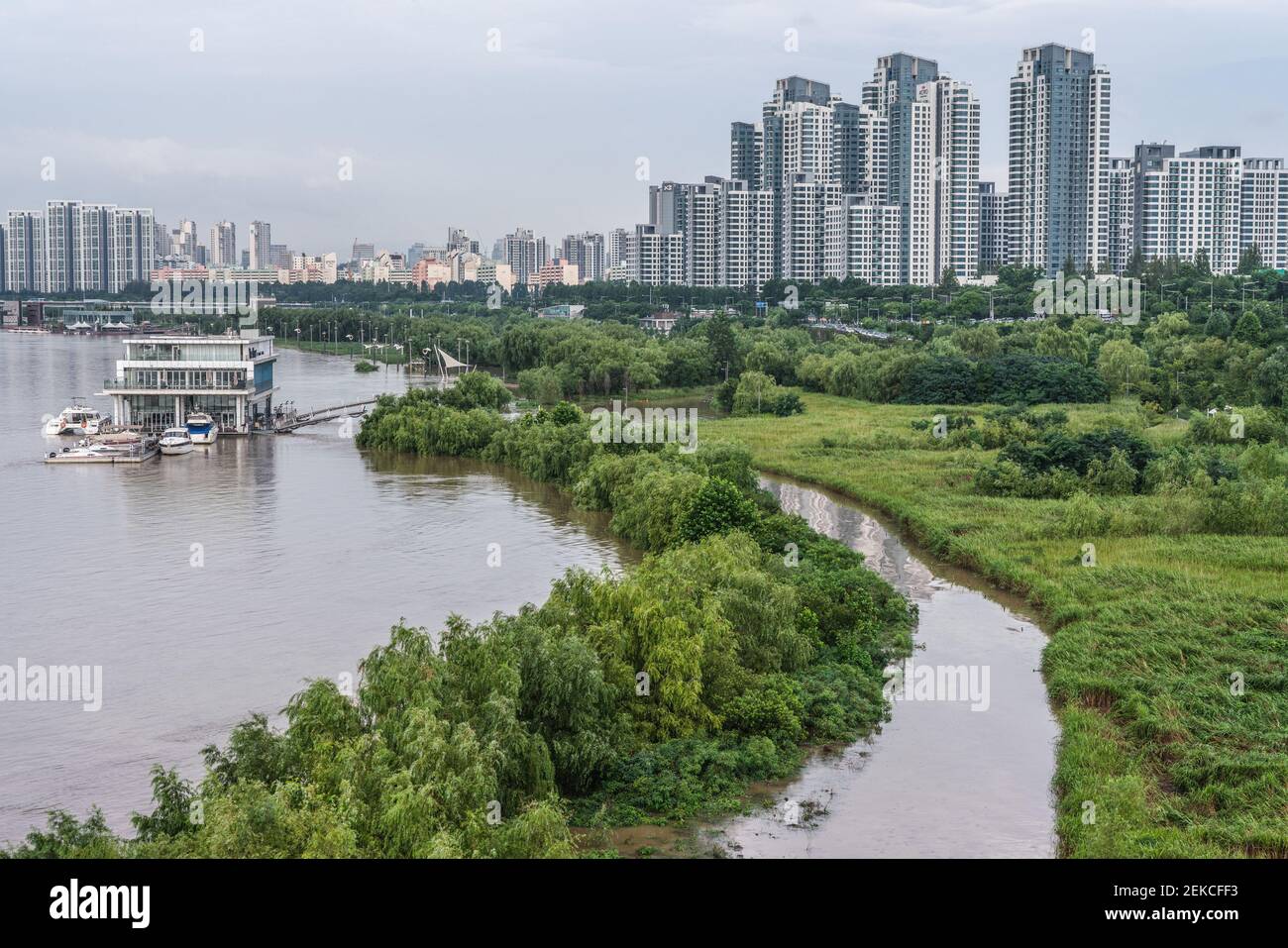 View of a flooded street and signs of Han river park after heavy rains ...
