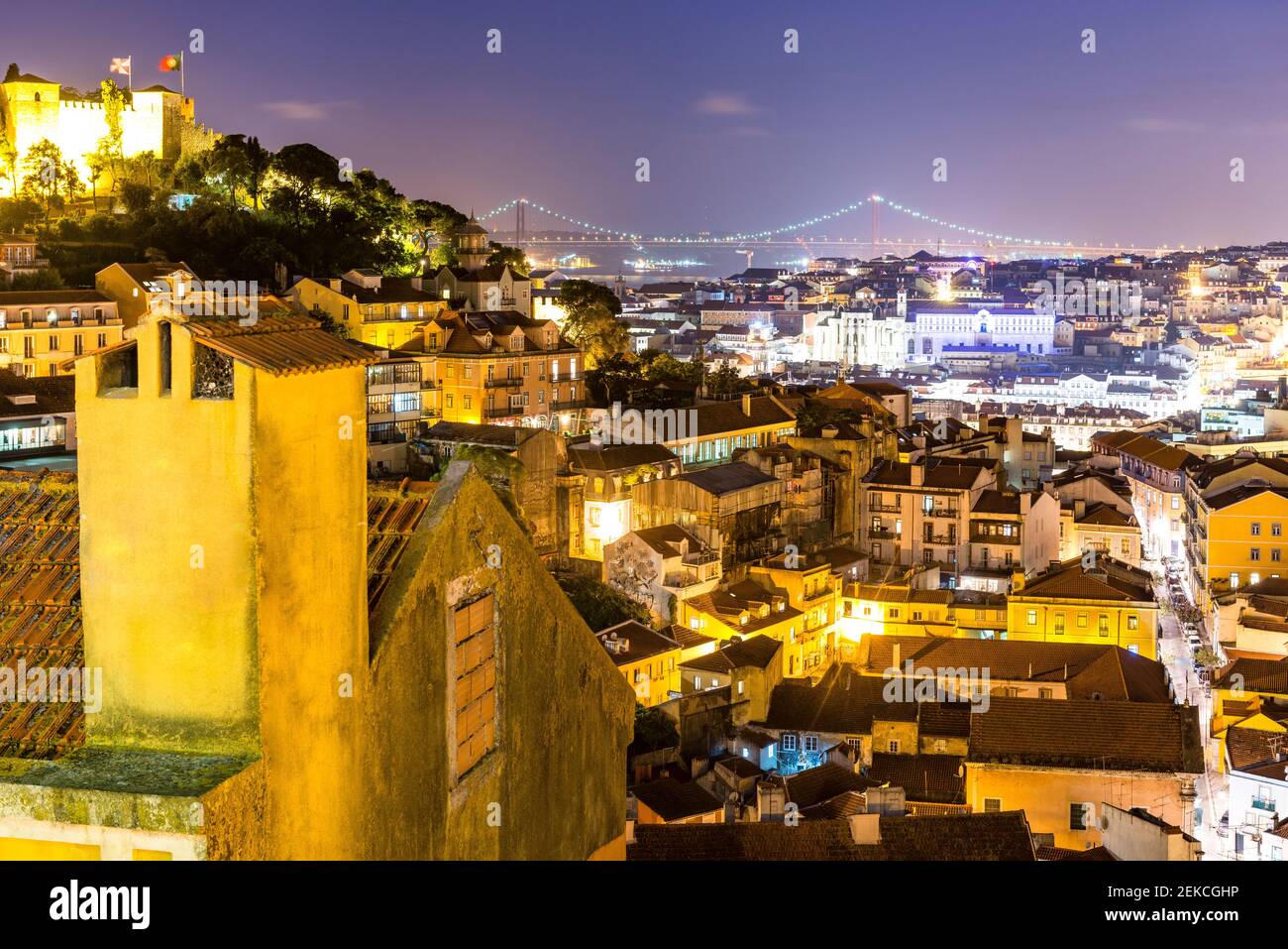 Portugal, Lisbon, Miradouro da Graca, View of city with Sao Jorge ...