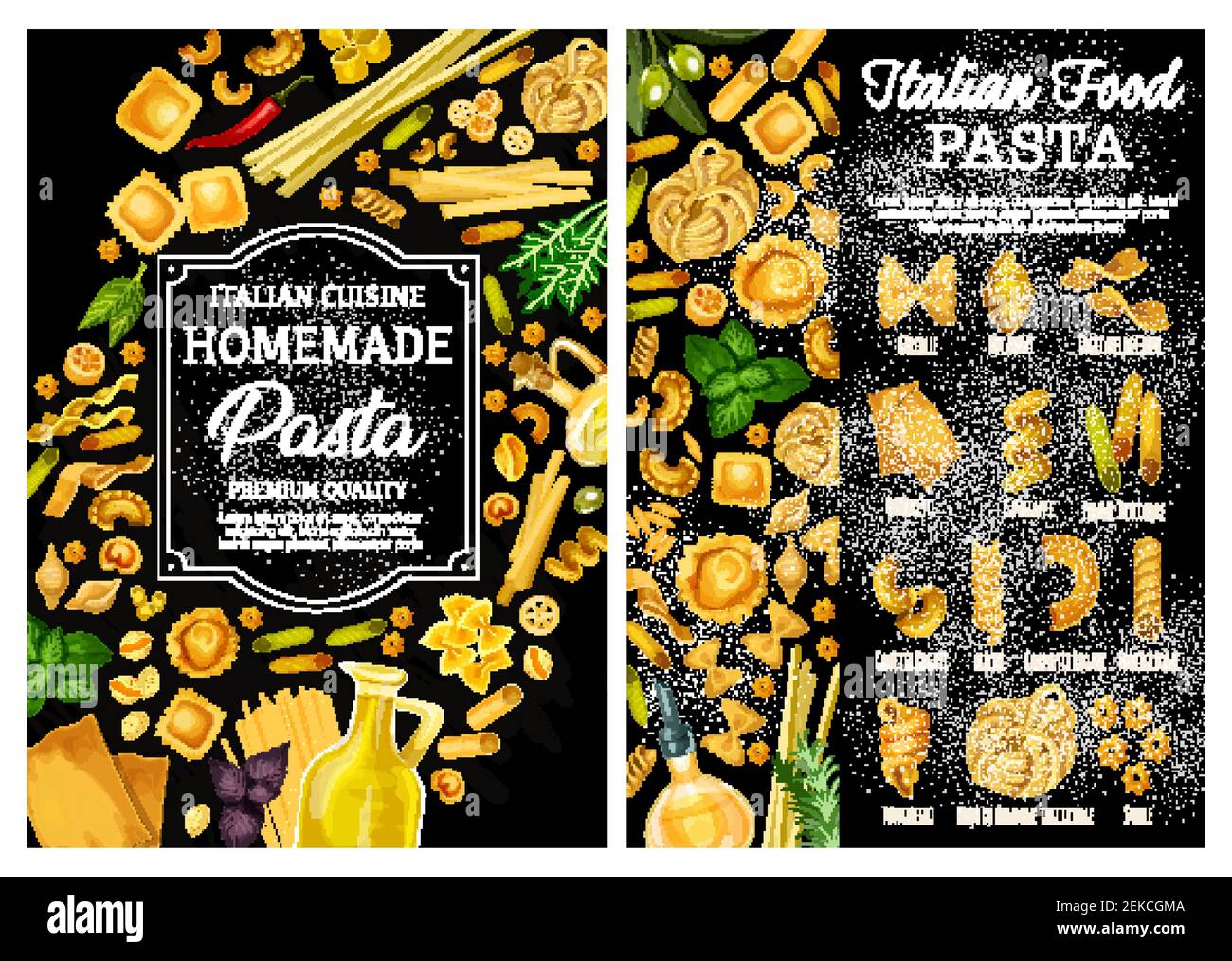 Pasta, Italian food vector menu with homemade macaroni, herbs, spices ...