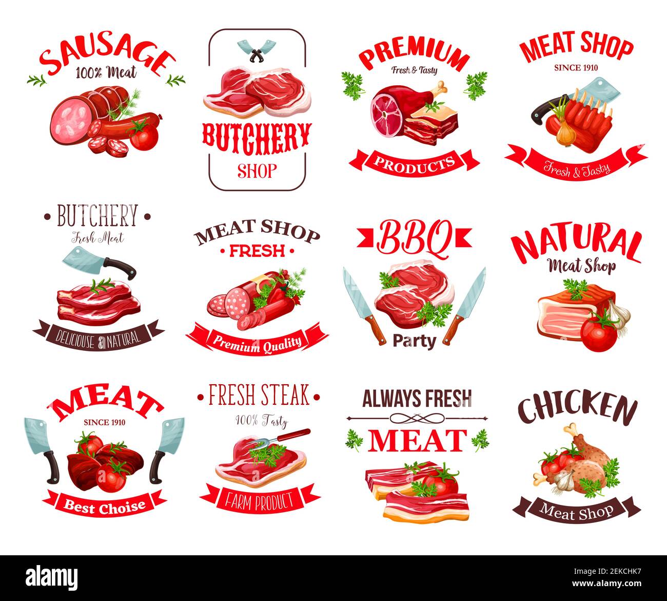Meat and sausage vector icons of beef steak, pork ham and chicken ...