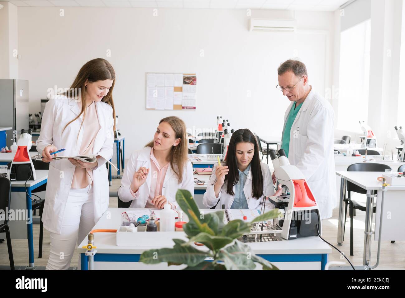 Students and teacher in white coats discussing in science class Stock ...