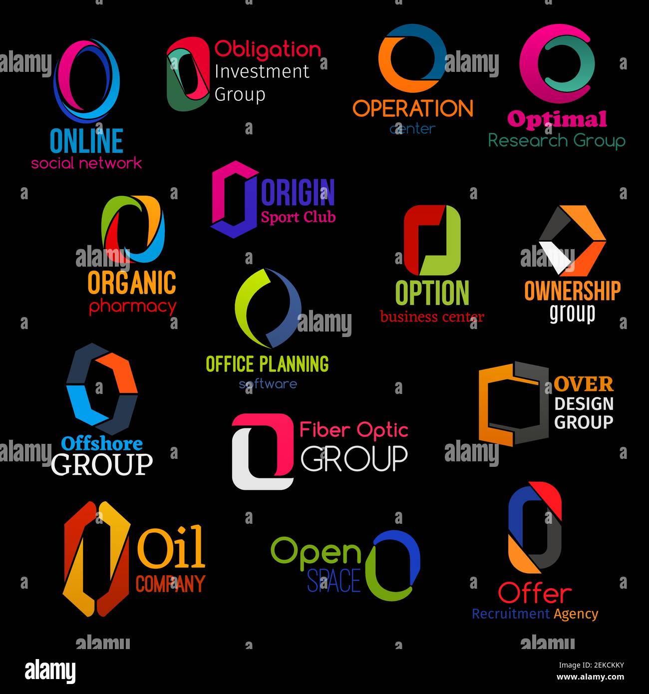 O icons, corporate identity letter signs and business company symbols ...