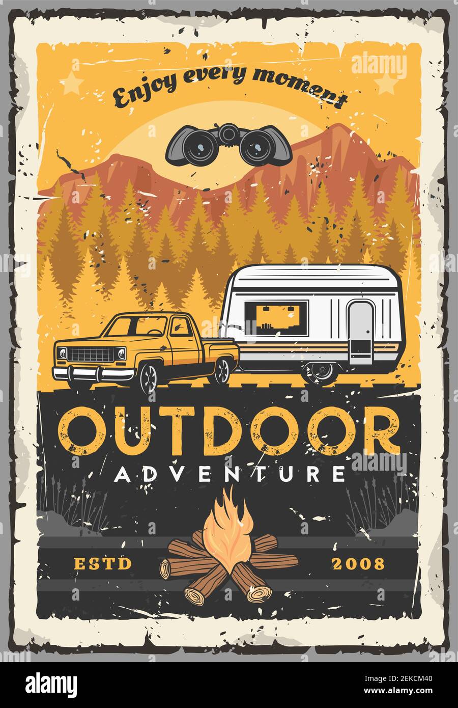 Outdoor adventure, car camping and road trip retro poster with vector ...