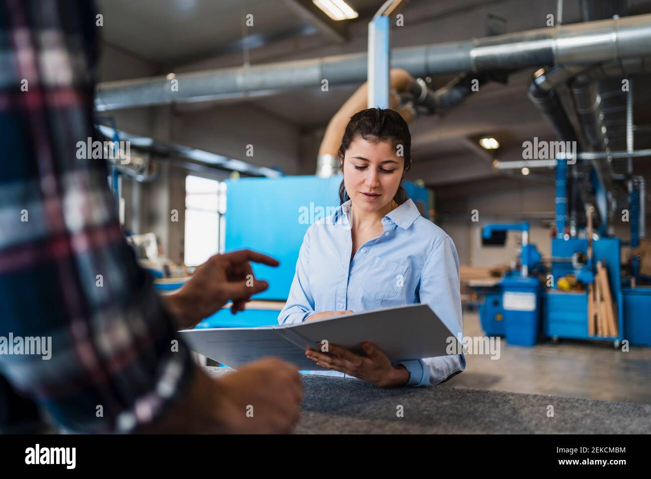 Inspector checking paperwork while working with colleague at industry ...