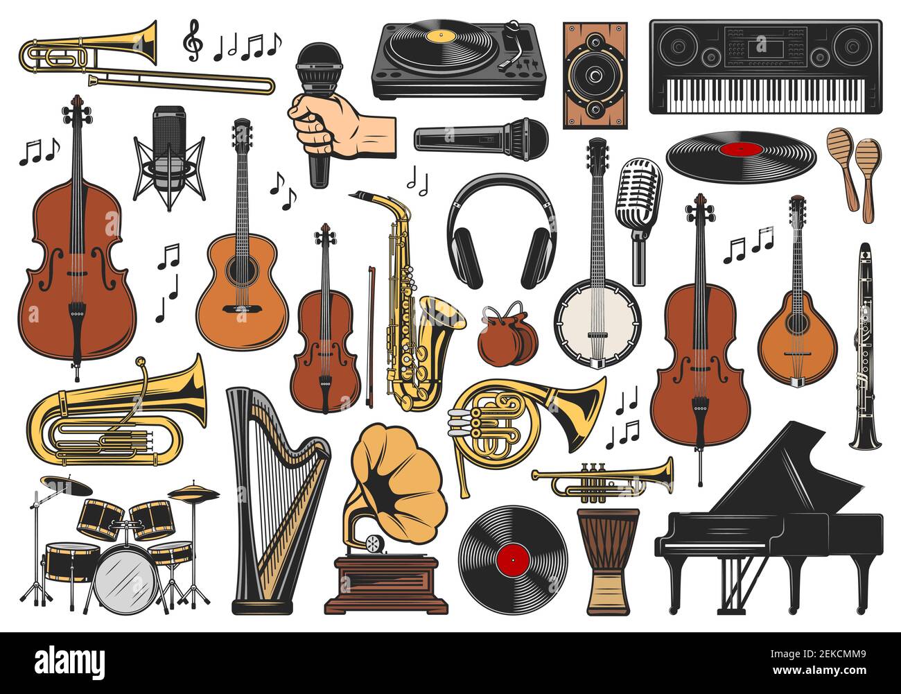 Music vector icons of musical instruments, notes and equipment sketches ...