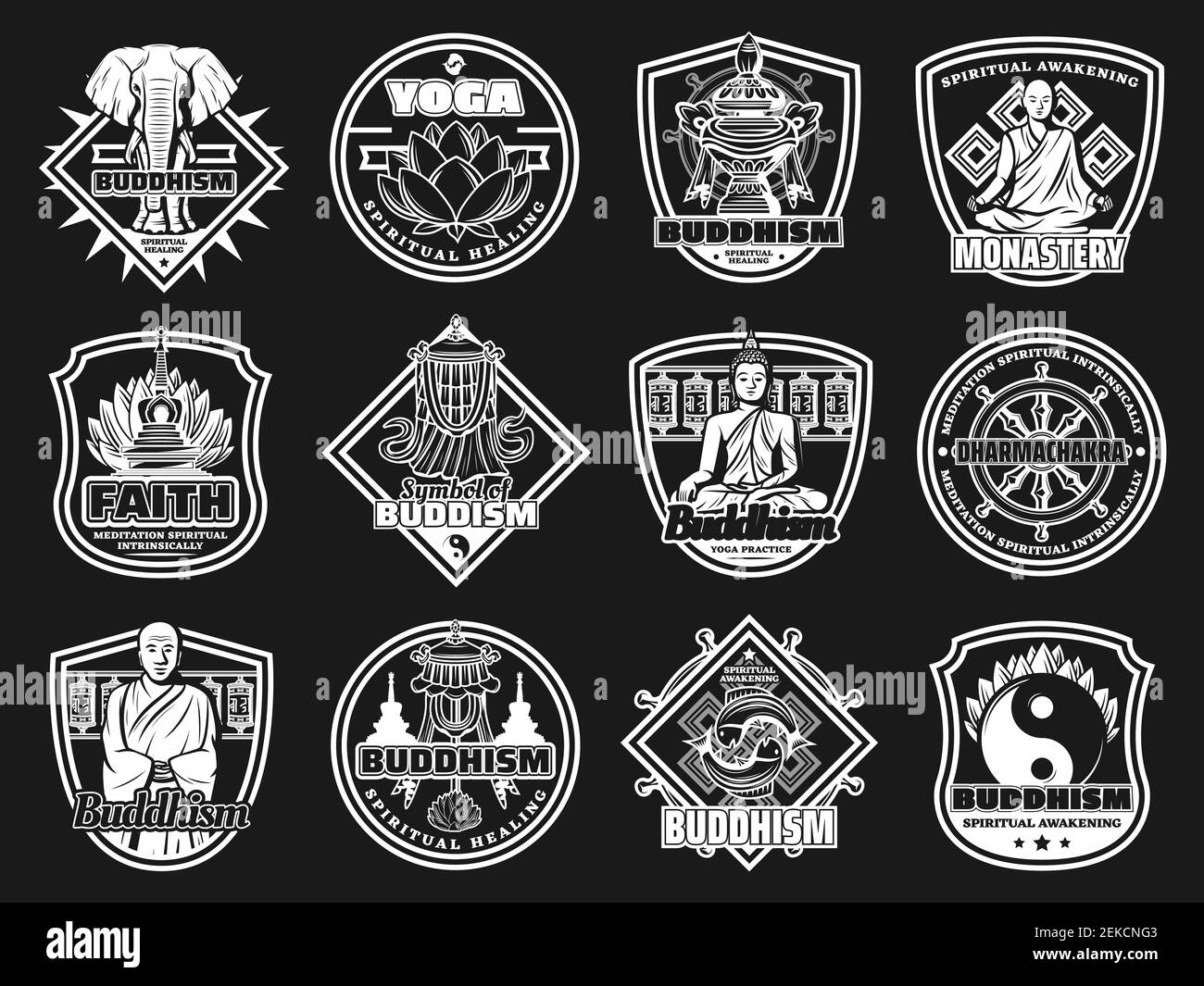 Buddhism religion and yoga icons with vector Buddhist symbols. Buddha ...