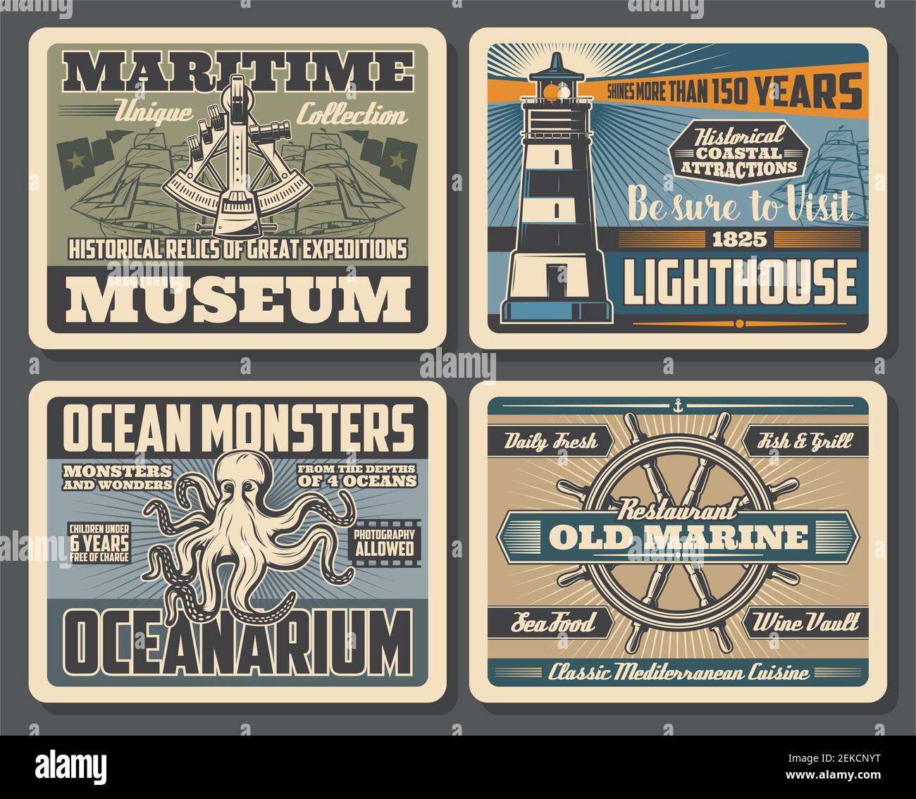Nautical retro posters with vector sea ships, sailing boats and helm ...