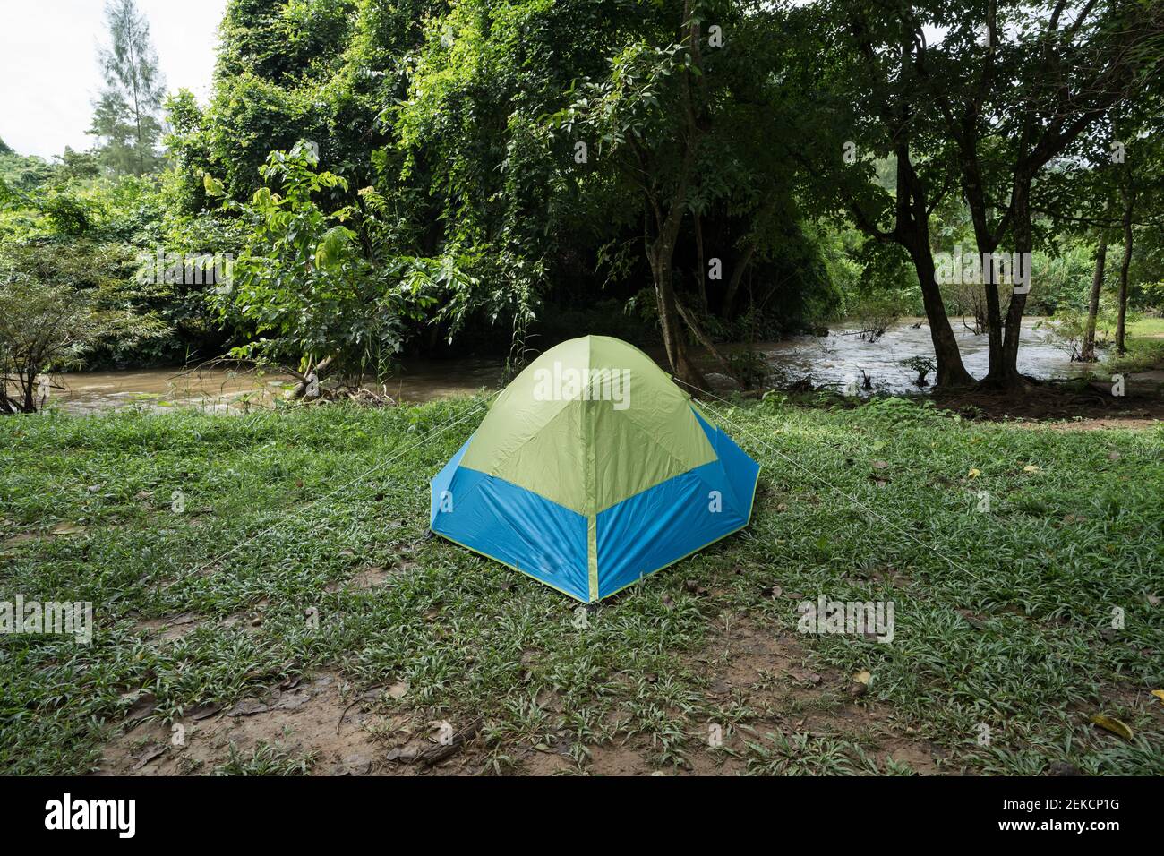 Camping tent on green grass field under cloudy sky Stock Photo - Alamy