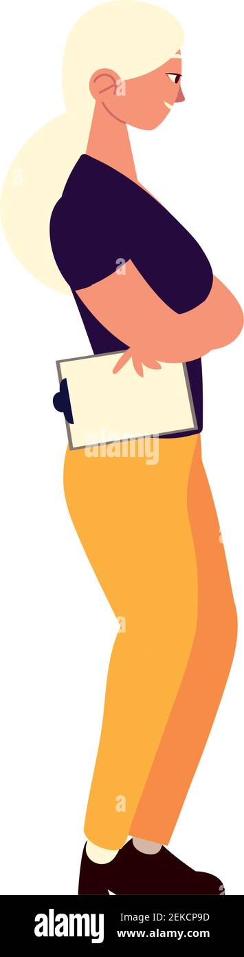 woman character holding clipboard, side view vector illustration on ...